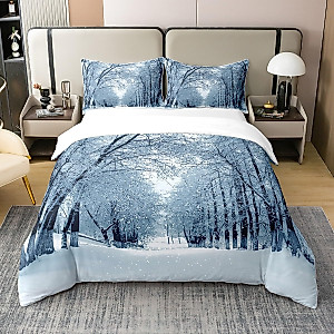 Erosebridal 100% Natural Cotton Winter Duvet Cover Queen, Blue Snow Snowstorm Bedding Set, Park Winter Landscape Scene Comforter Cover, Snowy Woodland Trees Bedroom Decor Soft Breathable Quilt Cover
