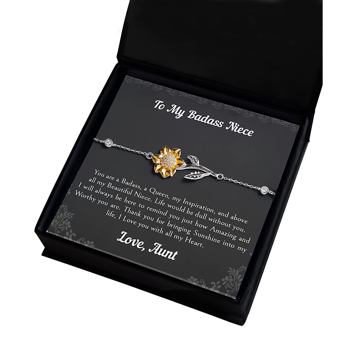 Niece Gifts From Aunt, Life To My Badass Niece Bracelet From Aunt, Sterling Silver Bracelet with 14k Gold Sunflower For Niece, Birthday Graduation, Valentines Gift For Niece