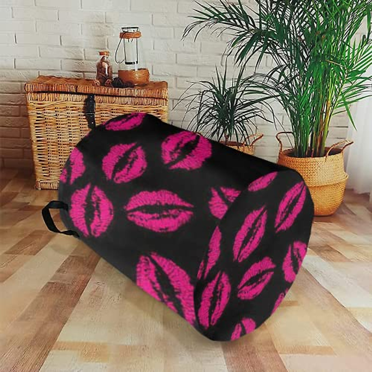 Purple Lips on Black Laundry Hamper Basket Bucket Foldable Dirty Clothes Bag Waterproof Fabric Washing Bin Toy Storage with Handles for Bathroom Bedroom