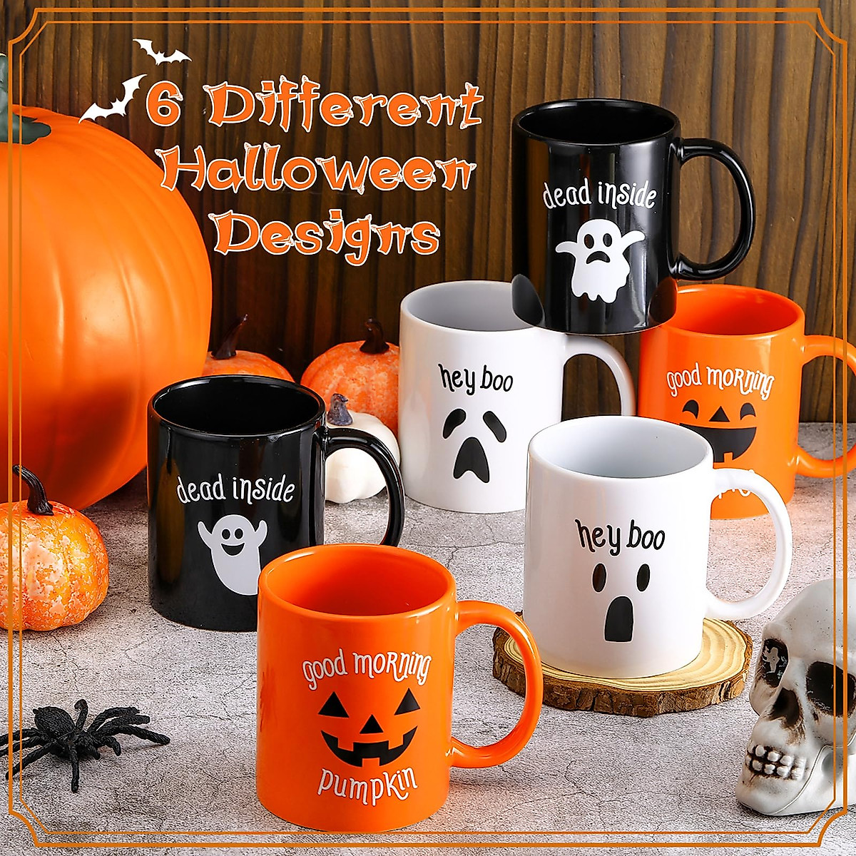 Uiifan 6 Pcs Halloween Mugs 10.8oz Good Morning Pumpkin and Hey Boo Coffee Mugs Good Morning Pumpkin and Hey Boo Ghost Ceramic Matching Mugs for Halloween