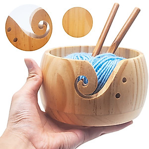 LAMXD Wooden Yarn Bowl with 12 pcs Bamboo Handle Crochet Hook,Wool Storage Handmade Crochet Kit Organizer,Skein Storage Bowl - Knitting & Crochet Yarn Storage Bowls & Accessories(Buff)