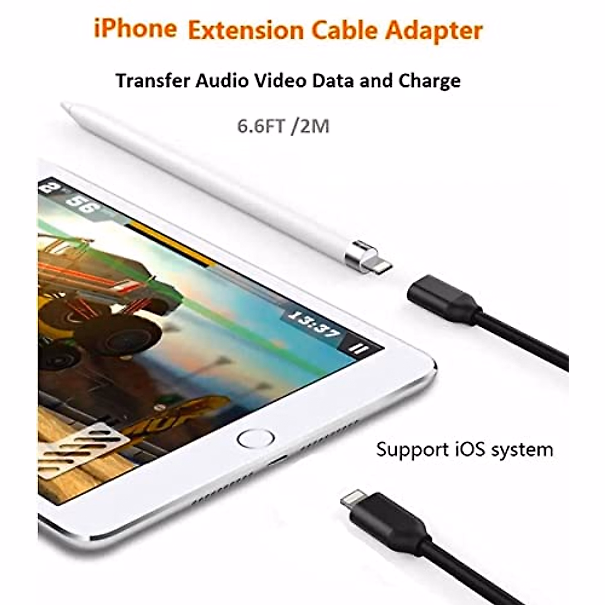 for iPhone Charger Extension Cable,6FT Lightning Extender Dock Cable Compatible with iPhone 14 Pro 13 Pro Max 12 11 X XR 8 7 6 Male to Female Cable Extension Adapter Cord Pass Video,Data,Audio (Black)