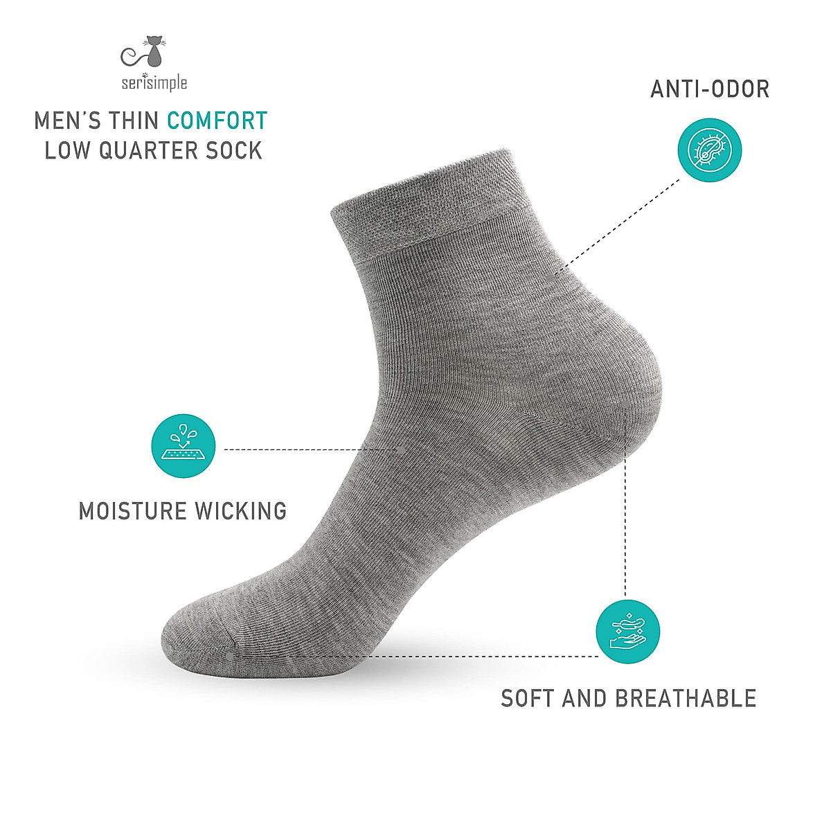 SERISIMPLE Viscose Bamboo Men sock Breathable Sock Quarter Thin Ankle High Sock Comfort Cool soft Sock 5 Pairs (Large,Grey)