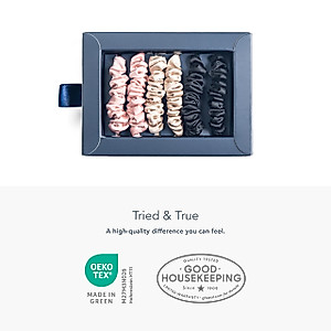 Fishers Finery 25 Momme Pure Mulberry Silk Skinny Scrunchies | Hair Tie Set for Thin Hair (Black|Pink|Champagne- 6 Pk)