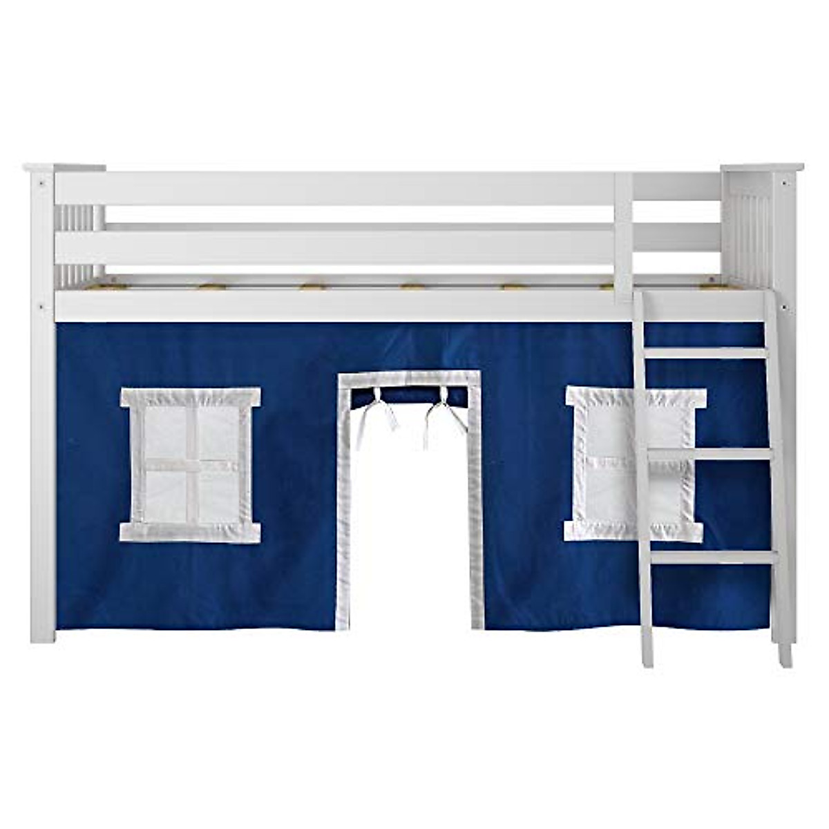 Max & Lily Low Loft Bed, Twin Bed Frame For Kids With Curtains For Bottom, White/Blue