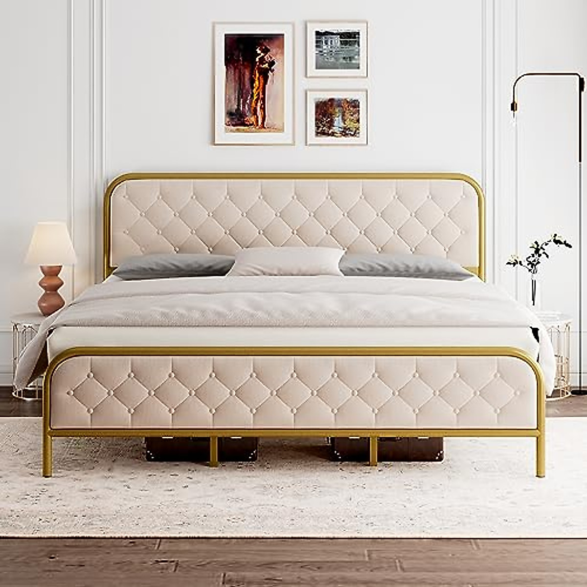 Feonase King Size Bed Frame, Upholstered Bed Frame with Diamond Tufted Headboard, Heavy Duty Metal Slats, 12" Storage Space, No Box Spring Needed, Easy Assembly, Gold