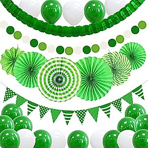 Green Party Decorations - Green Hanging Triangle Flags Banner Round Garland Four-Leaf Clover Garland Paper Fans Balloons for Men Women Birthday St Patrick's Day Decorations Graduation Baby Shower