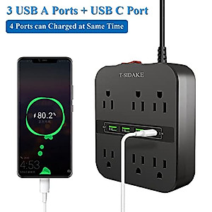 T-SIDAKE Power Strip, with 6 AC Widely Spaced Power Outlets and 4 USB Ports, 6 FT Extension Cord Flat Plug, with Overload Protection, Compact and Easy to Carry for Home/Travel/Office (Black)