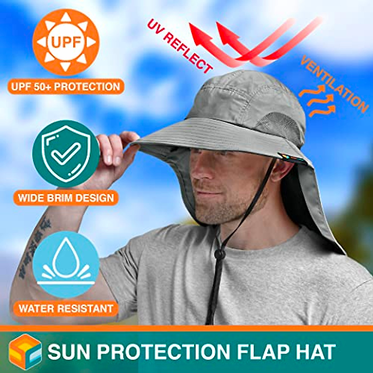 SUN CUBE Wide Brim Sun Hat with Neck Flap, Fishing Hiking for Men Women Safari, Neck Cover for Outdoor Sun Protection UPF50+ | Gray