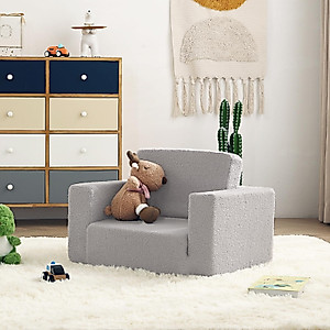 Givjoy Toddler Chair Sherpa Kids Couch, 2-in-1 Toddler Soft Kids Sofa Toddler Lounger Chair for Bedroom, Convertible Toddler Couch for Girls and Boys, Reading Chair for Kids, Grey