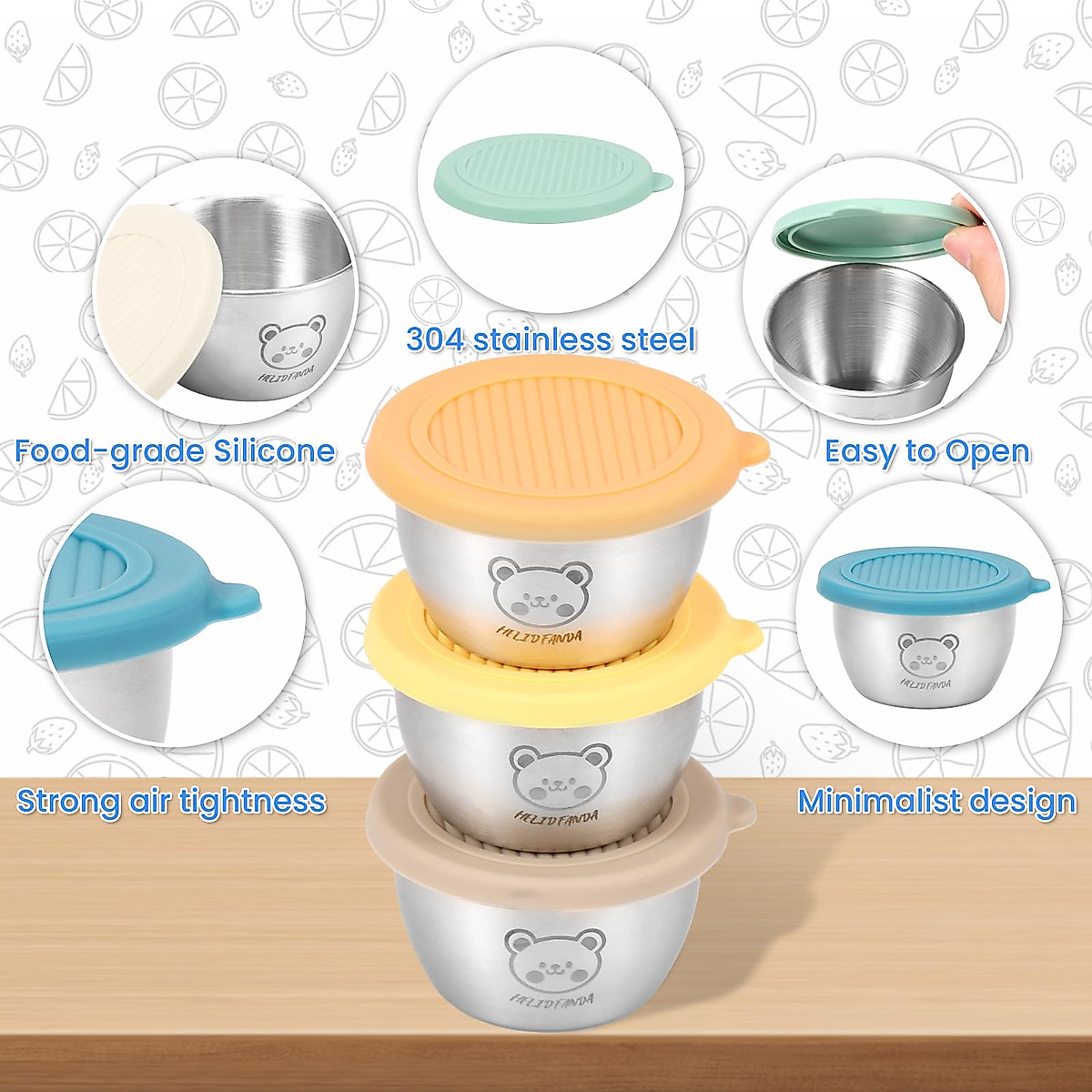 UKQRRTC 6Pcs Salad Dressing Containers 1.69 oz Small Salad Dressing Cups Stainless Steel Condiment Container with Silicone Lids Reusable Sauce Containers for School Kitchen Picnic Traveling (Style 2)