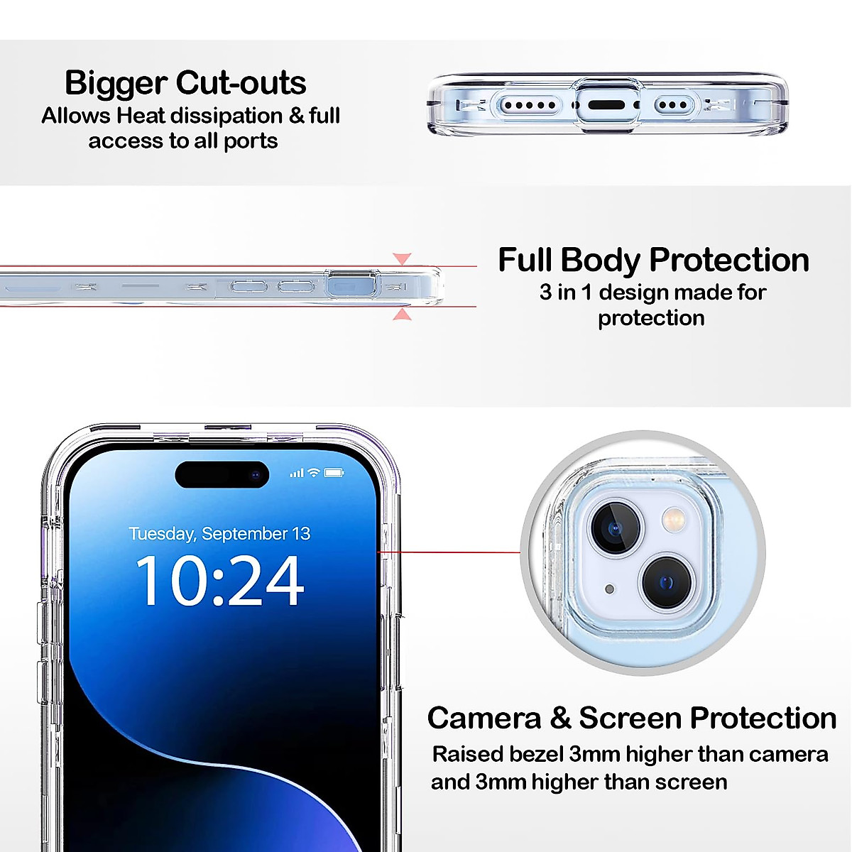 Coolwee Full Body Protective Hybrid 3 in 1 Rugged for Apple iPhone 15 Plus, 6.7 inch, Heavy Duty Shockproof Women Men Military Grade Protection Crystal Clear, Transparent