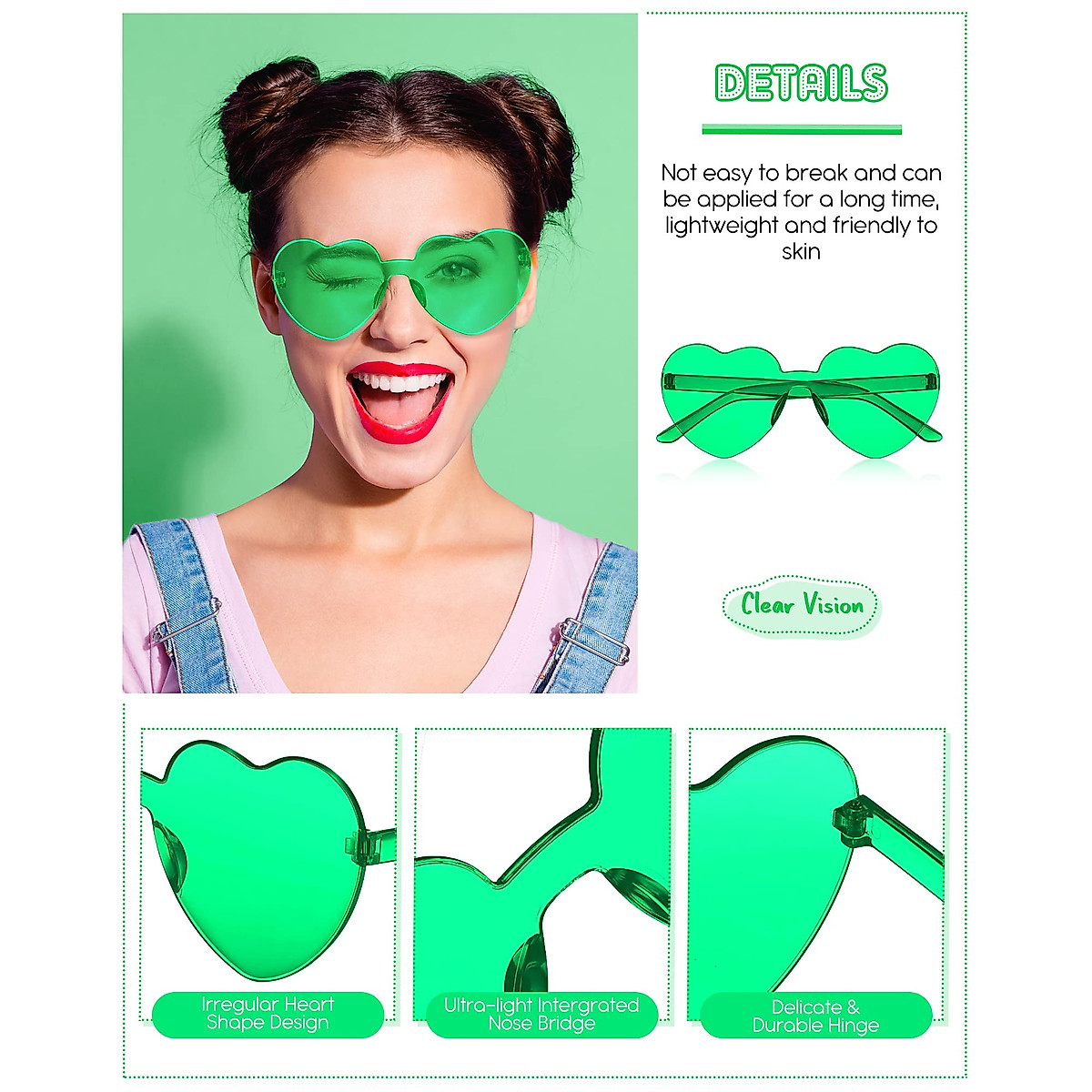 Colzzy Pcs Heart Shaped Rimless Sunglasses Transparent Colorful Frameless Glasses Eyewear Bachelorette Party (Fluorescent Green)