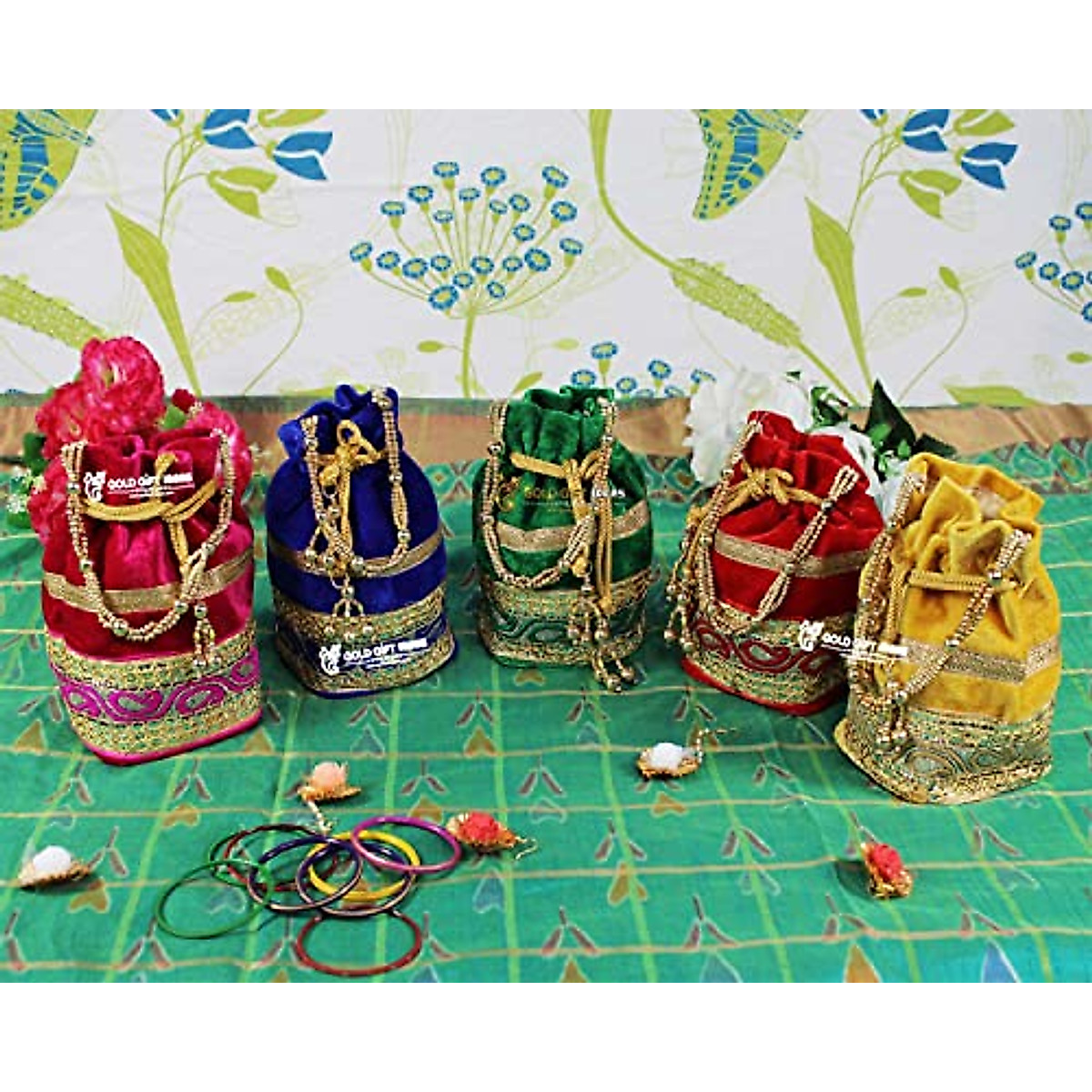 GoldGiftIdeas Indian Potli Bags for Wedding, Bridal Clutch, Bridal Purse for Party, Bridal Potli Bags, Traditional Potli Bags, Party Favor Bags (Pack of 5)