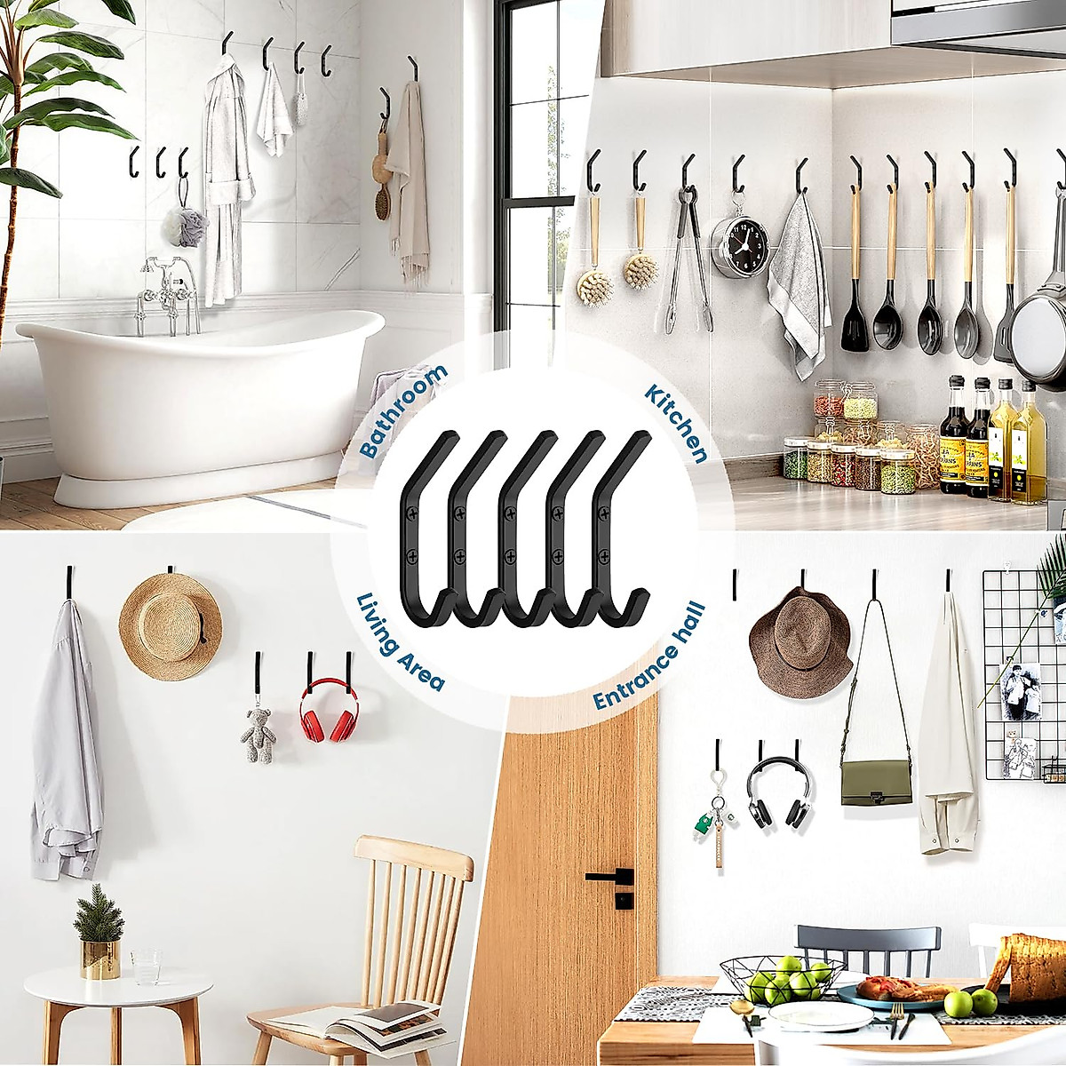 Coat Rack Hooks Wall Mounted,5 Packs Large Wall Hooks, Bath Towel Rope Hooks for Kitchen, Door, Cabinet, Bathroom, Foyers, Hallways.Heavy Duty Hanger for Purse, Rack for Closet and Door Wall Mounted