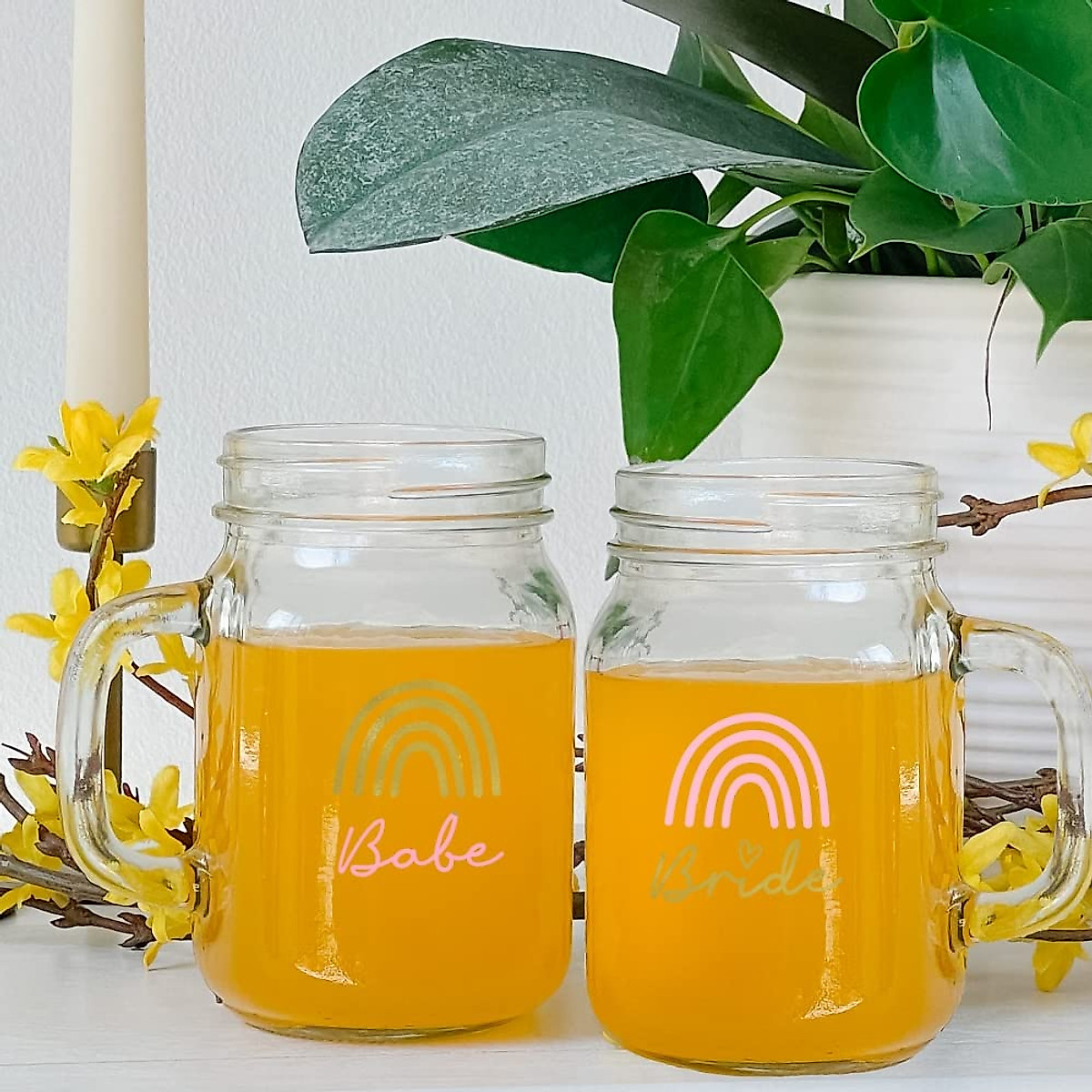 Kate Aspen Bride & Babe 12 oz. Mason Jar Mugs w Lids - Boho Rainbow (Set of 6)