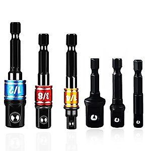 Impact Grade Power Drill Socket Adapter Sets 6 PCS, 50mm-73mm Long Impact Socket To Drill Adapter Set 1/4” 3/8” 1/2” Hex Shank Impact Driver Bit Set Socket Holder, Black Drill Bit Attachments -BCS6