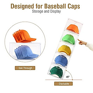 INSTY Hat Organizer Box for Baseball Caps, 4 Pack Plastic Hat Storage Containers, Clear Hat Box for Hat Display, Stackable Dust Proof Hat Rack With Magnetic Door, Easy to Assemble Hat Holder
