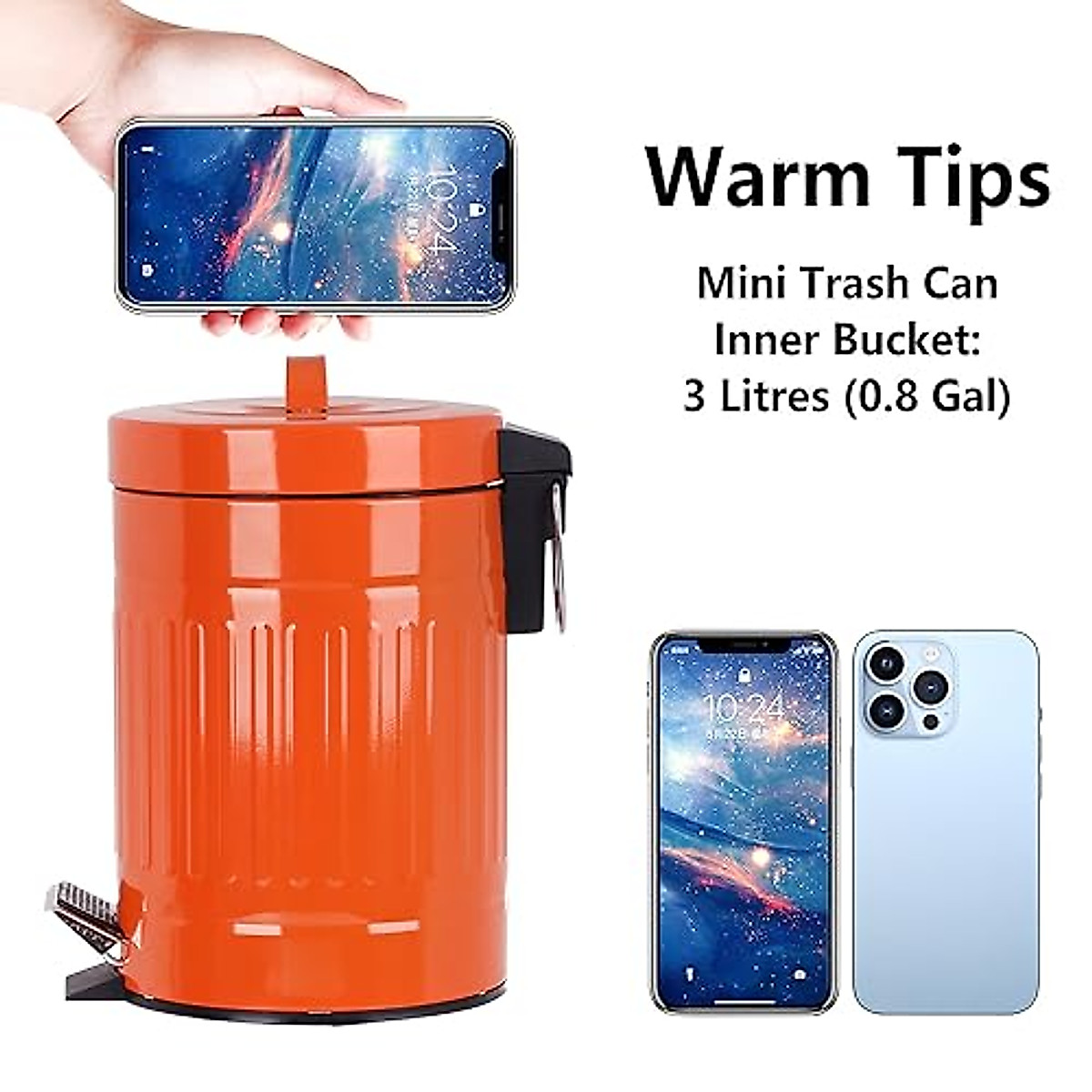 OCTMUSTARD 3 Liter / 0.8 Gal Mini Metal Trash Can with Lid,Small Pet Garbage Can Waste Basket for Car,Office,Outdoor or Home Kitchen and Bathroom Decor,Orange 9" X 6.75" X 11.25"