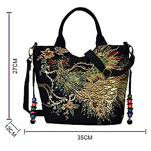 Shoulder Handbags for Women, Ethnic Travel Bags Tote with Bling Sequins Phoenix Embroidered New Portable Package (Blue)