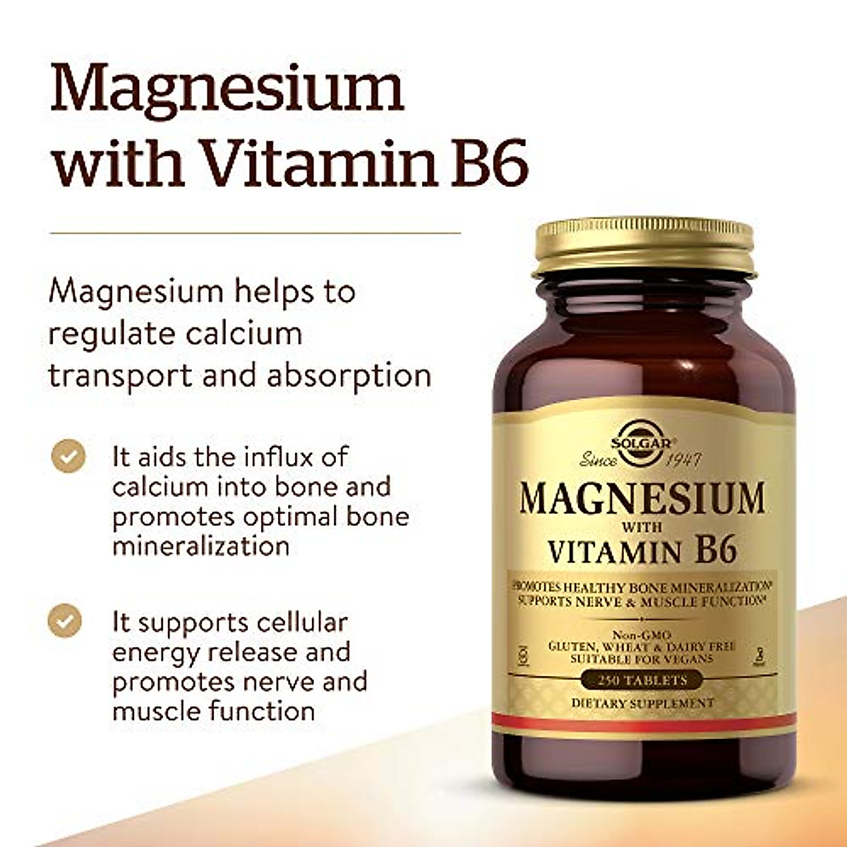 Solgar Magnesium with Vitamin B6, 250 Tablets - Promote Healthy Bone Mineralization, Support Nerve & Muscle Function, Energy Metabolism - Non-GMO, Vegan, Gluten Free, Dairy Free, Kosher - 83 Servings