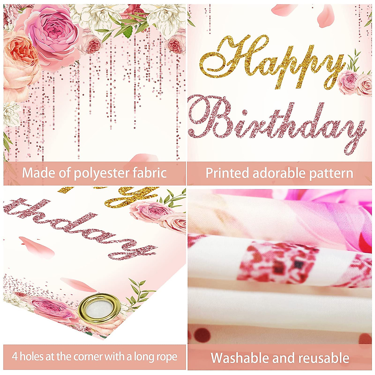 Rose Gold Birthday Door Banner Decorations, Pink Flower Happy Birthday Door Cover Sign Party Supplies for Women Girls, 16th 21st 30th 40th 50th 60th Birthday Photo Booth Background Decor