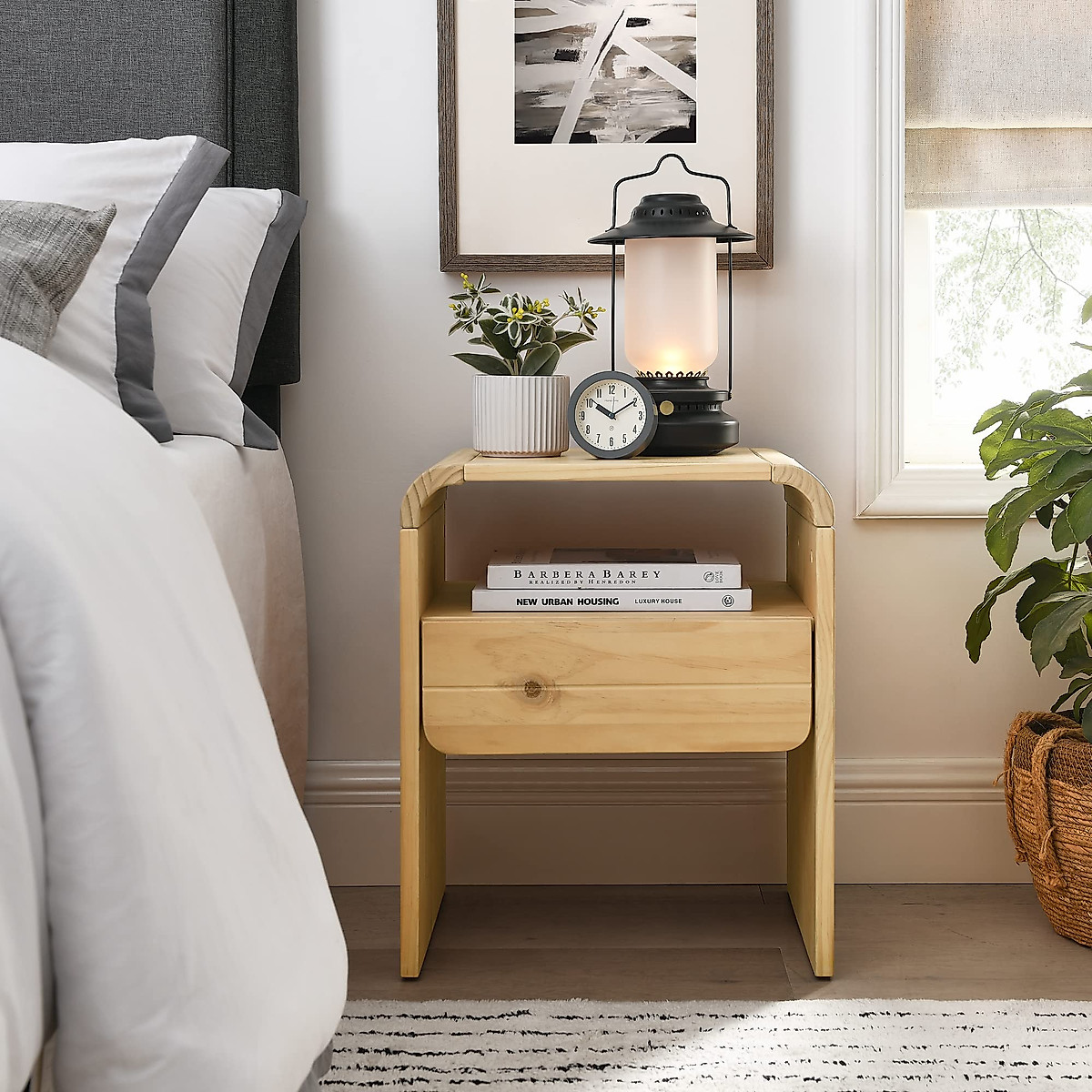 MUSEHOMEINC Modern Solid Wood Nightstand/End Table with for Bedroom,Bedside Furniture with One Storage Drawer and Open Shelf,Modern End Tables Organizer for Living Room/Hallway/Entryway