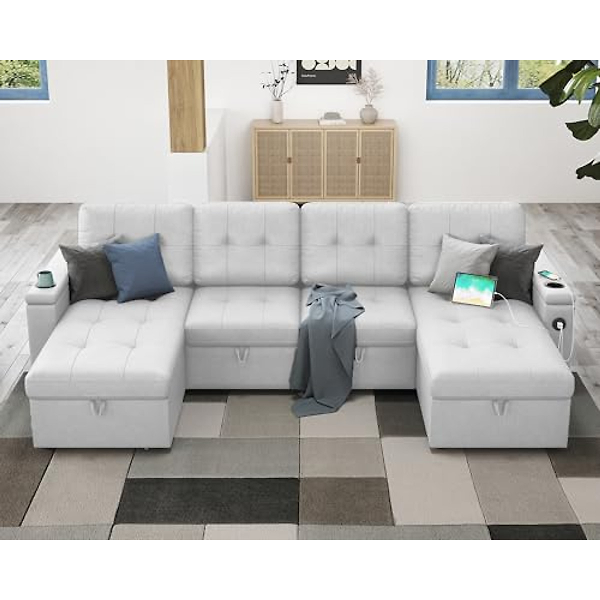 PaPaJet Pull Out Sofa Bed, 2 in 1 Sleeper Couch with USB Charging Stocket & Beverage Holders, Sectional Sofa Bed with Dual Chaise- Light Gray Chenille