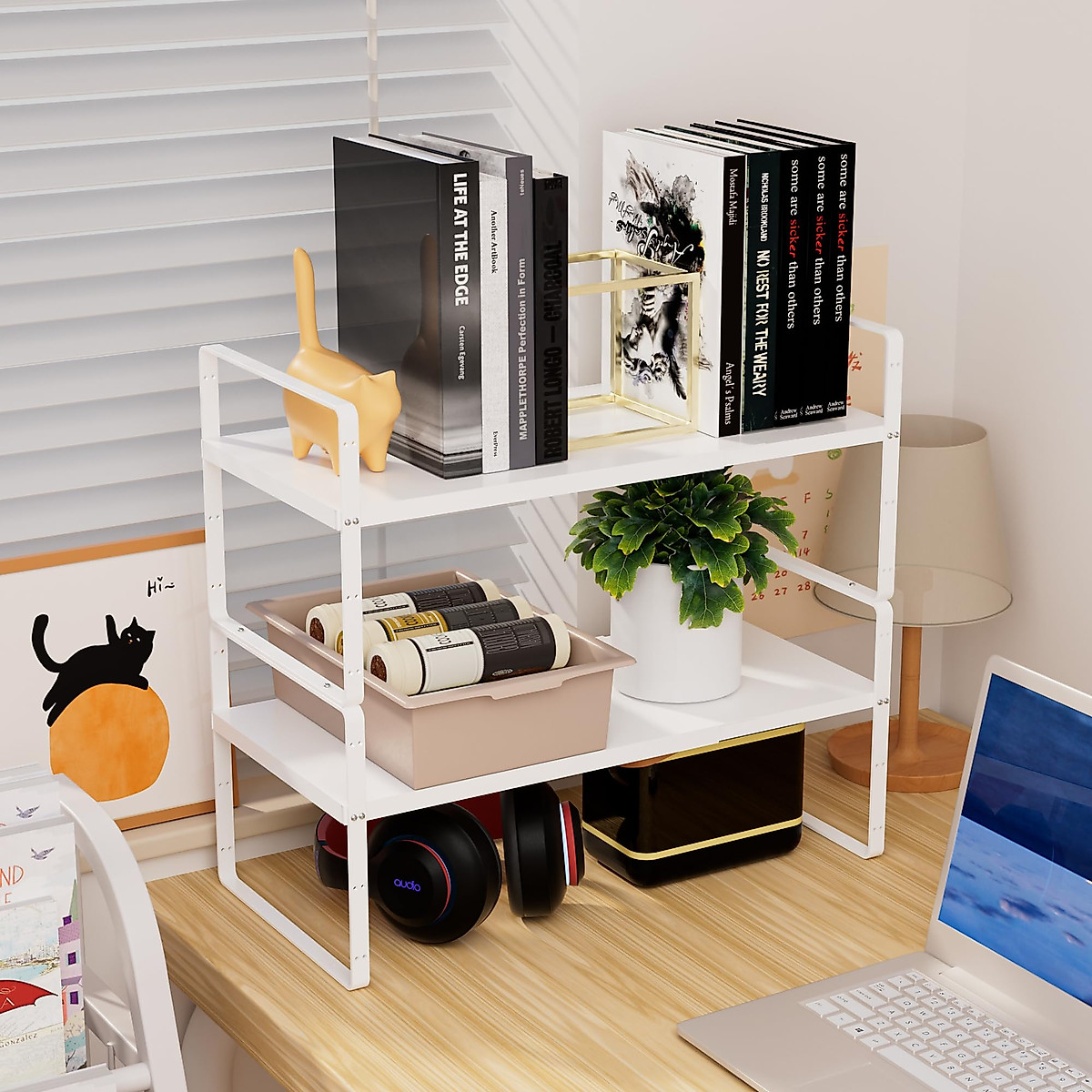 WEJIPP Expandable Cabinet Shelf Organizer Stackable Shelves Adjustable Shelf Riser for Kitchen Pantry Office,10.24" W,White