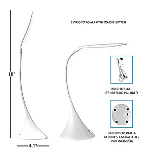 Amtone LED Swan Light Desk and Table Lamp, Flexible Gooseneck, USB and Battery Operated, 3 Way Touch Dimmer, 120 Lumens, White - Ideal for Reading, Writing, Studying and Crafts