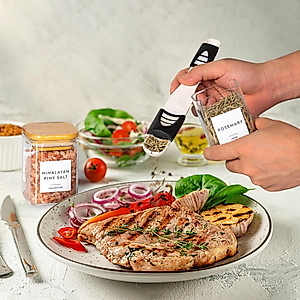 Laramaid 7oz 12Packs Glass Jars Set with 208 Minimalist Spice Labels, Square Spice Jars with Bamboo Lids and White Vinyl Customized Sticker Labels, Food Storage Container Canisters