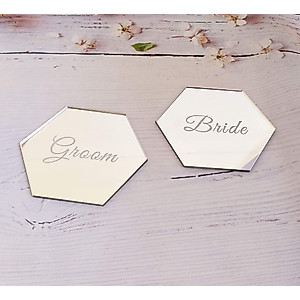 XIAOYUE Bride and Groom Acrylic Mirrored Hexagon Place Cards, Geometric Bride and Groom Table Setting,Wedding Place Cards, Bride and Groom Set (Silver Mirror)