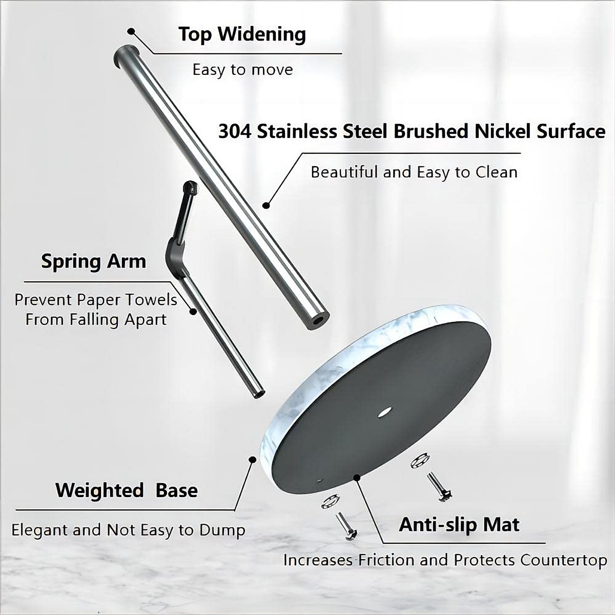 VANNESSE Paper Towel Holder Countertop with Weighted Non-Slip Base for Kitchen,Marble Paper Towel Holder Stand with Spring Arm(Brushed Nickel)