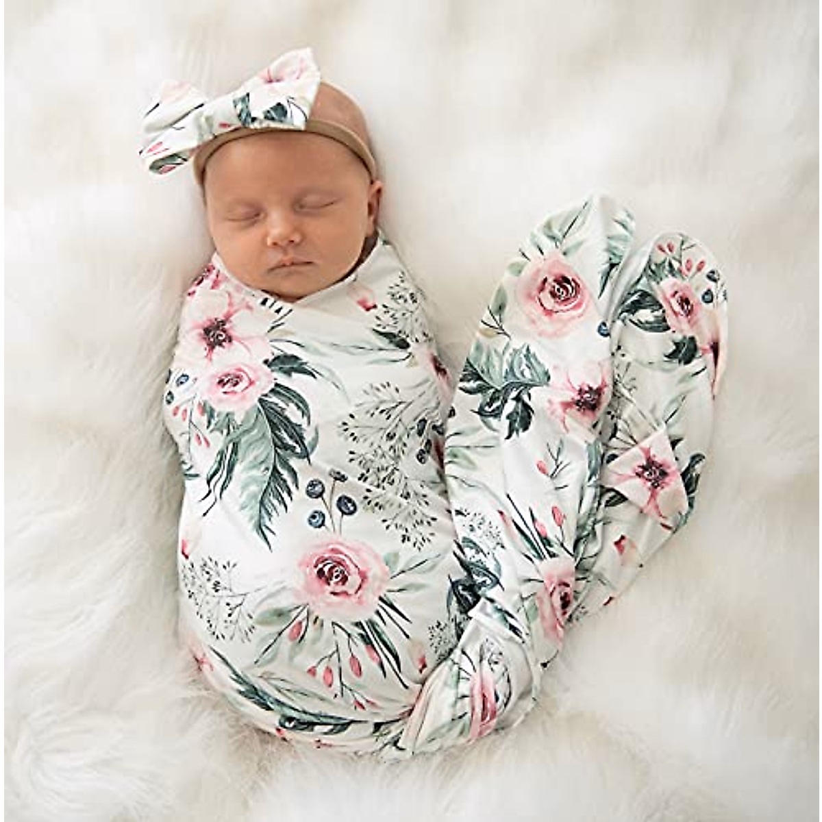 Terriboo Newborn Receiving Blanket and Headband Set Flower Print Baby Swaddle Wrap Floral (Pink)