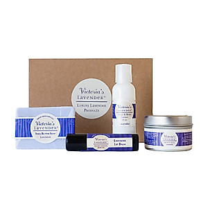 Victoria's Lavender Natural Body Products Gift Set - Handmade Soap, Hand & Body Lotion, Lip Balm, Body Candle Skin Care Sets & Kits, Lavender Bath and Body Products for Women, Lavender