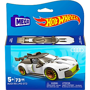 MEGA Hot Wheels Building Toy Race Car Playset, Audi R8 LMS GT2 with 73 Pieces, 1 Micro Action Figure Driver, White, Gift Ideas for Kids Age 5+ Years