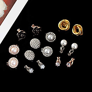 Wremily 8 Pairs Clip Earrings Set for Women Rose Flower CZ Simulated Pearl Gold Knot Clip Earrings with Rubber Pads Non Pierced Hypoallergenic Clip on Earrings Jewelry