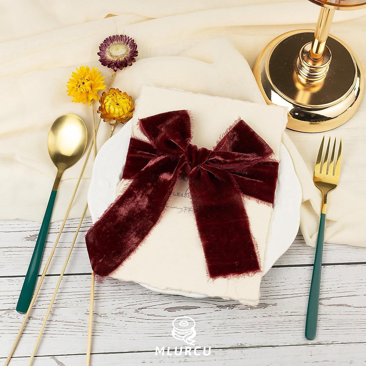 Mlurcu Silk Velvet Ribbon 2 Inch Handmade Frayed Fringe Ribbon Rustic Boho Raw Edge Fabric Ribbons for Wedding Vow Books Invitations Bridal Bouquets Gift Wrapping Christmas Baby Shower Decorations