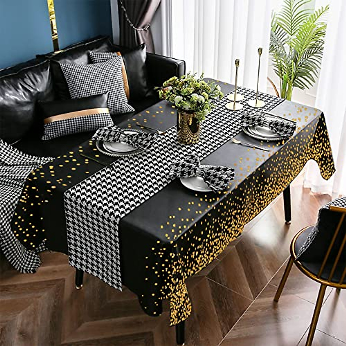 8 Pack Disposable Tablecloth 54" X 108" Rectangular Table Cover Gold Dot Black Table Cloths Waterproof Parties Tablecloths for Indoor or Outdoor Events, BBQ, Party, Wedding, Graduation, Thanksgiving