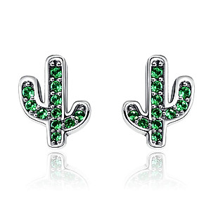 BISAER Cactus 925 Sterling Silver Stud Earrings with Green Cubic Zirconia, Green Plants Post Stud Earring Hypoallergenic Jewelry for Women