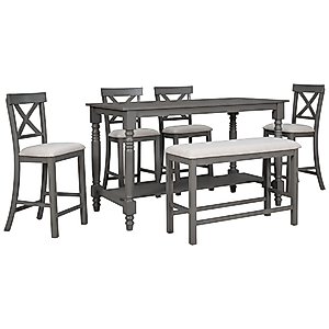 LUMISOL Wood Kitchen Dining Table Set of 6 with Bench and Chairs Farmhouse Rustic Dining Room Table Set, Recantgle Table with Shelf and Upholstered Seating, Gray