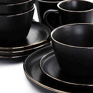 Elama Paul 16 Piece Stoneware Dinnerware Set in Matt Black with Gold Rim, Matte Black, 16 Piece Set (Arthur Paul Louis Set)
