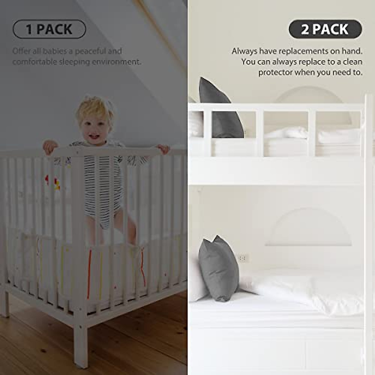 Ruili Bamboo Waterproof Crib Mattress Protector, 2 Pack Quilted Fitted Breathable Toddler Baby Mattress Cover, Organic Bamboo Soft Crib Mattress Pad, White (52x28 Inches)