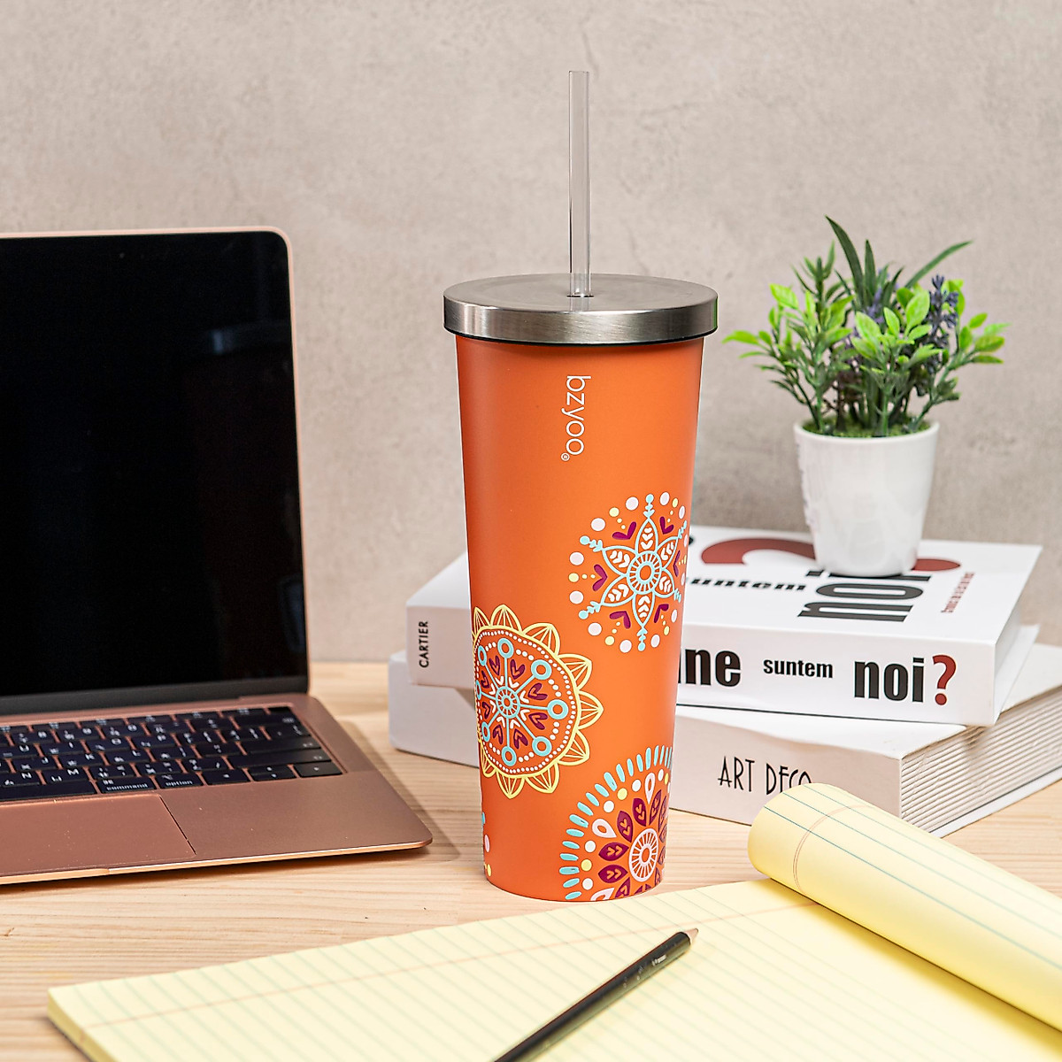 bzyoo SUP Double Wall Vacuum Insulated 24oz Tumbler with Straw and Lid Stainless Steel Water Bottle Travel Mug Cup, Mother's Day Gift Perfect For Ice Coffee or Tea Color: Orange Madallion