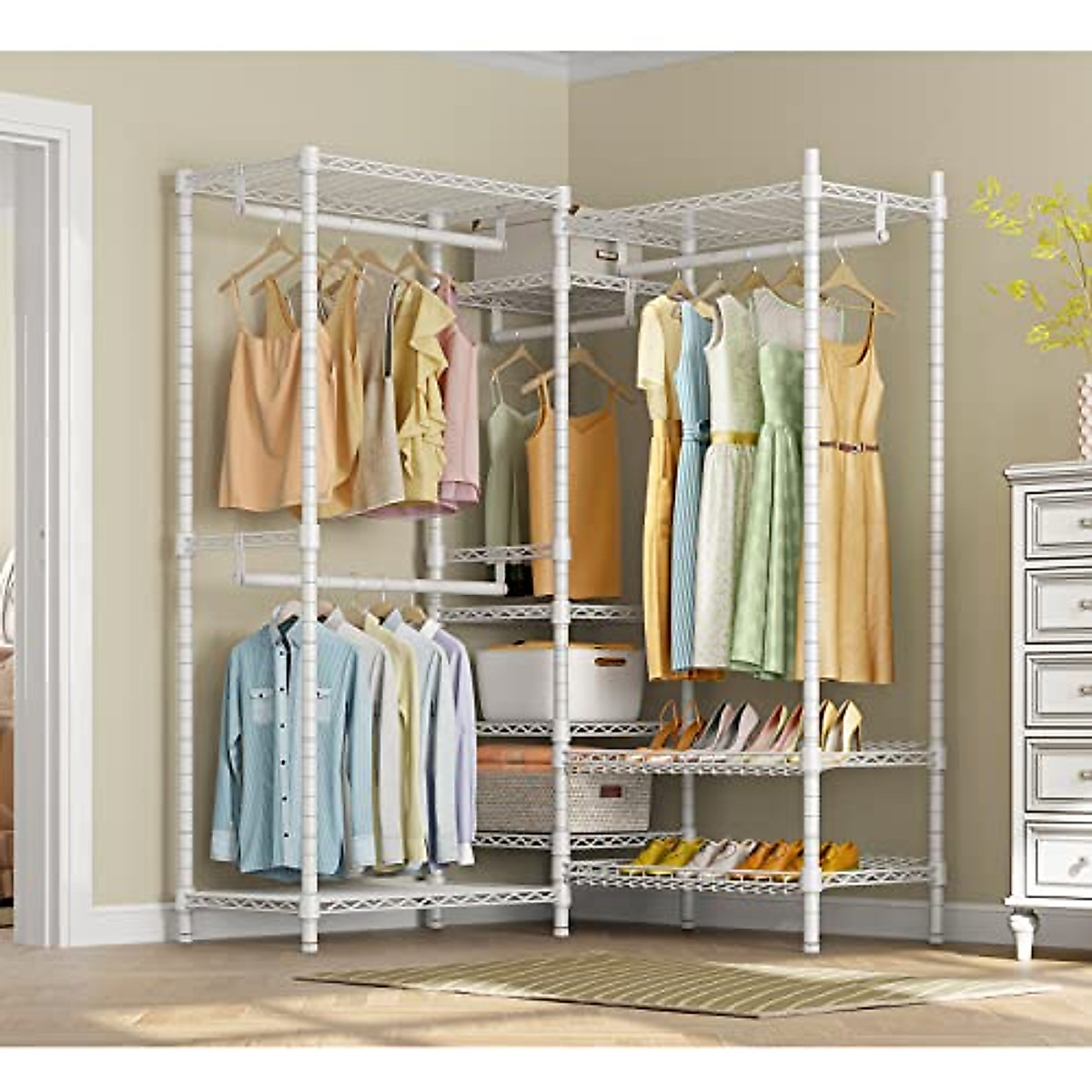 VIPEK L8i Basic Heavy Duty Garment Rack L-Shaped Wardrobe Space-Saving Corner Closet with Hanging Rod and Adjustable Shelves Freestanding Clothes Rack for Small Space, White