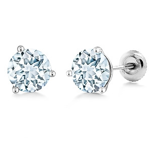 Gem Stone King 18K White Gold Sky Blue Aquamarine Martini Stud Earrings For Women (1.50 Ct Round 6MM)