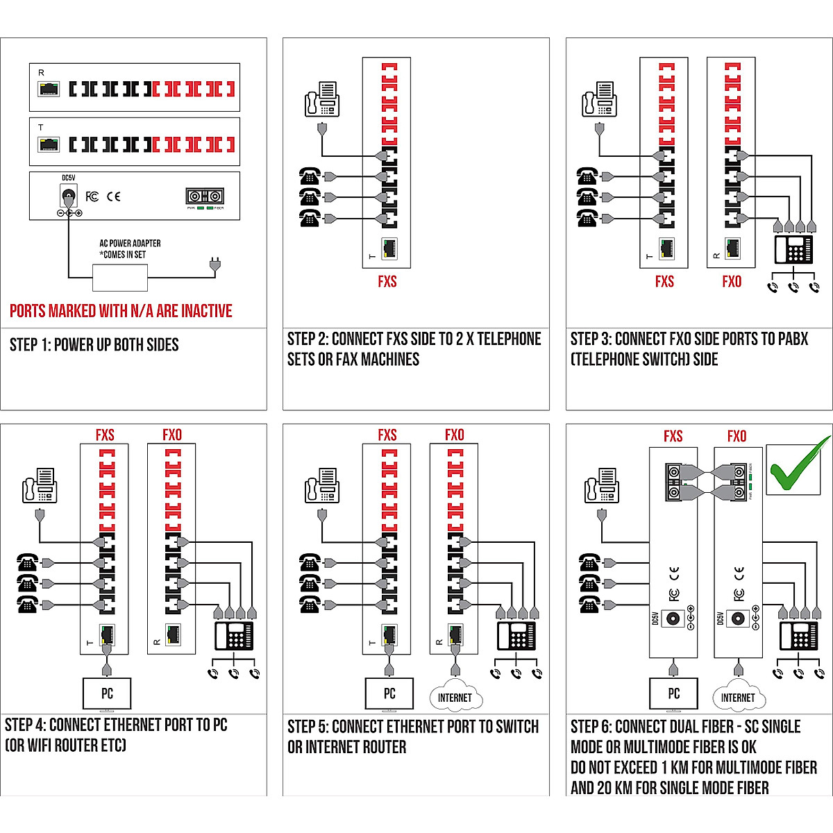 4 x POTS RJ11 Telephone and Gigabit Ethernet Over Fiber Converter - Multiplexer - Extender Set of FXS FXO Units - Universal Single and Multimode - 1 km MM (0.6 mi) 20km SM (11.4 mi) - Voice Over Fiber