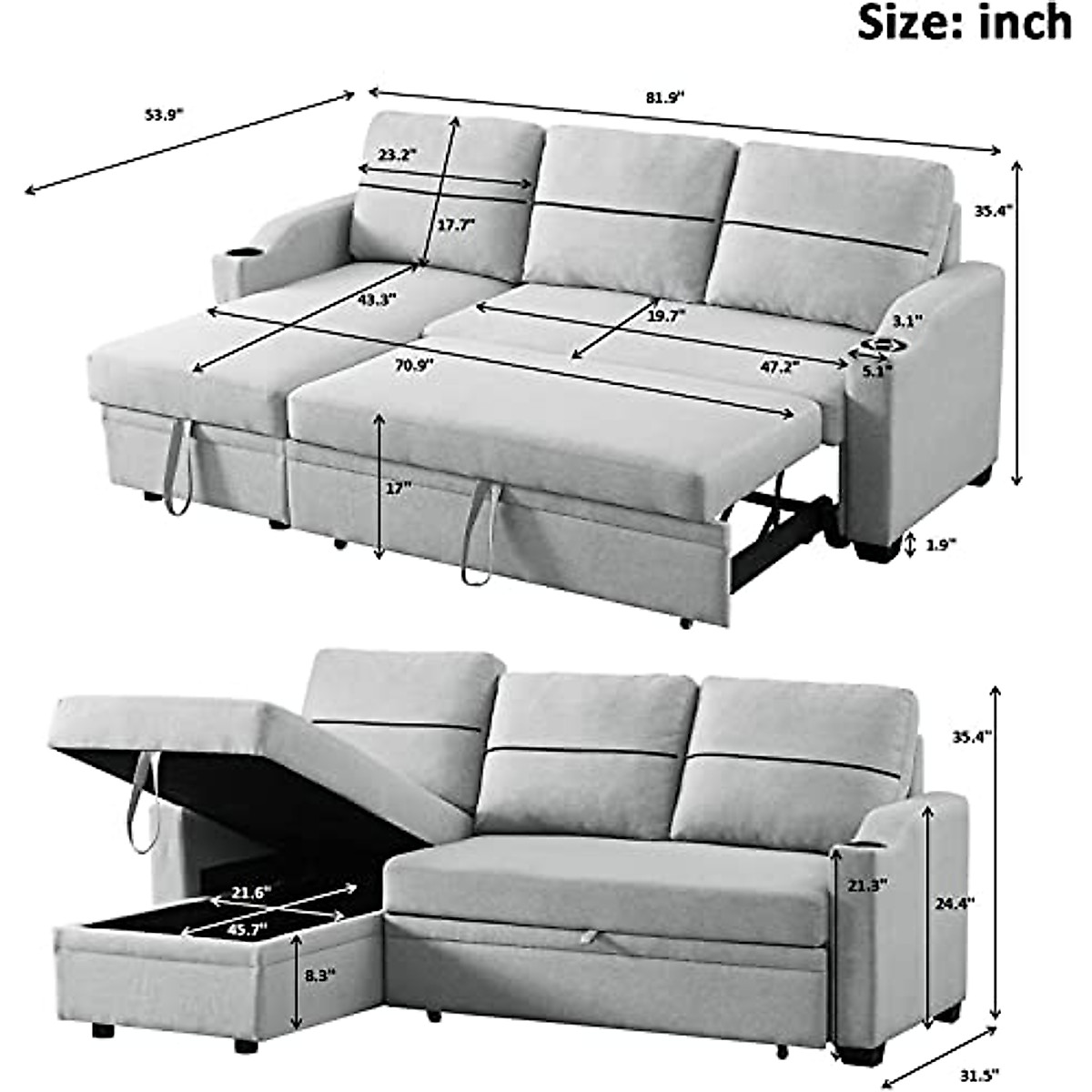 Yoglad Reversible Sectional Sofa Chaise for Living Room, Pull Out Bed Sleeper Couch with Storage, 81 inch Wide L-Shaped Couch with 2 Cup Holder, Gray Linen