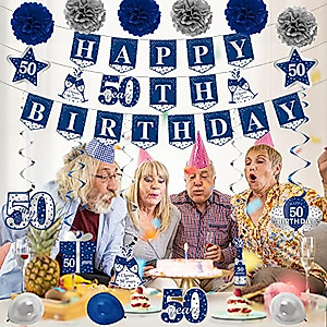 Kauayurk Blue Silver 50th Birthday Banner Decorations Kit for Men, 26pcs Fifty Birthday Banner Balloon Hanging Swirl Poms Party Supplies, 50 Years Old Birthday Sign Decor