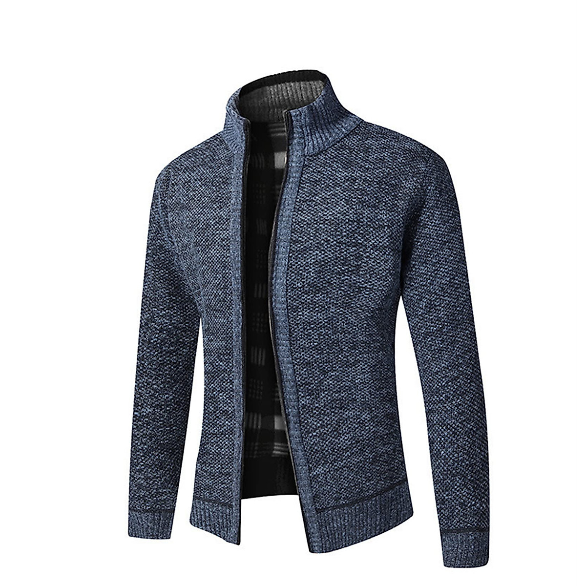 Men Classic Full Zip Knitted Cardigan Casual Stand Collar Fleece Lined Sweaters Slim Fit Winter Warm Thick Sweater (Blue,X-Large)